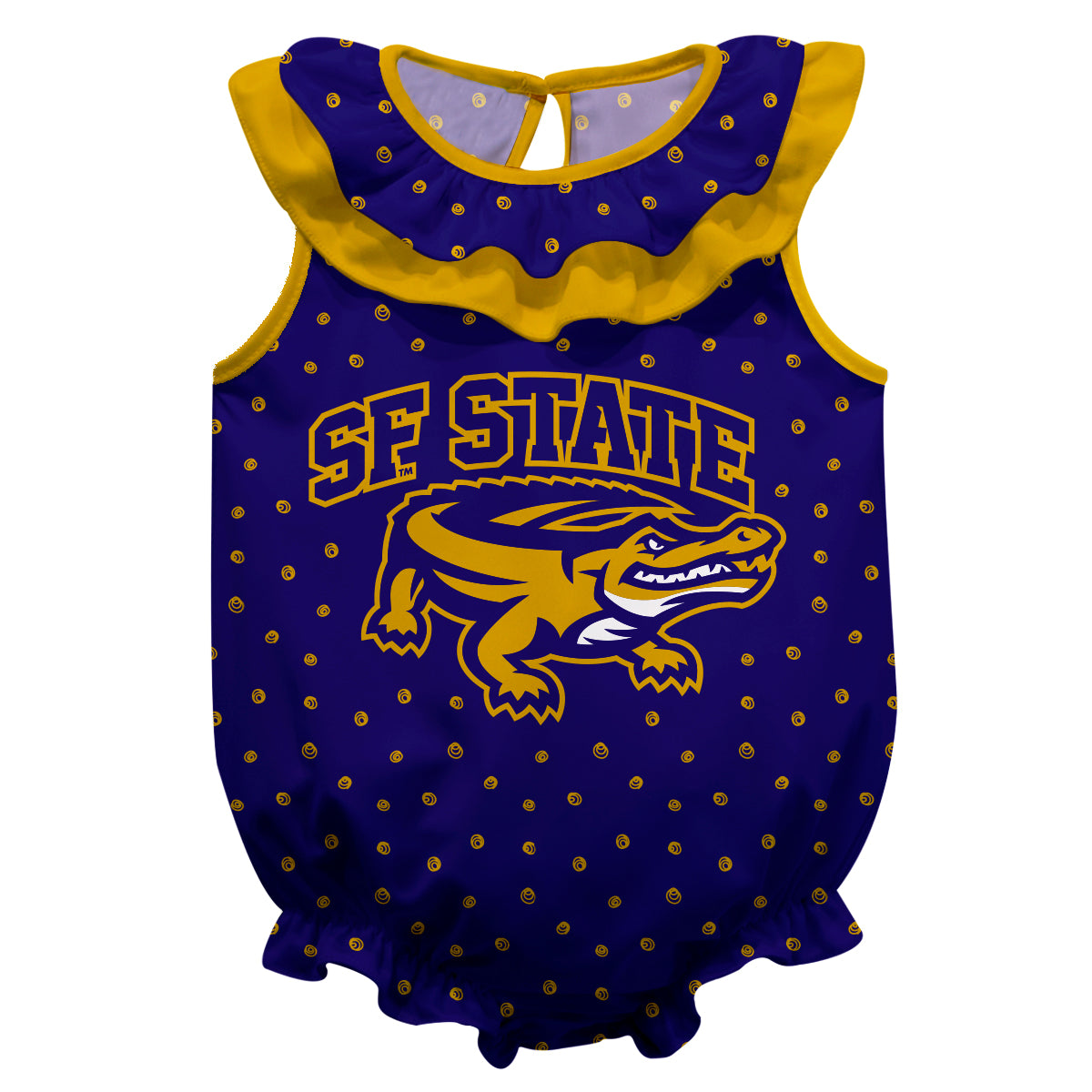 SFSU Gators Swirls Purple Sleeveless Ruffle Bodysuit Logo — Vive La ...
